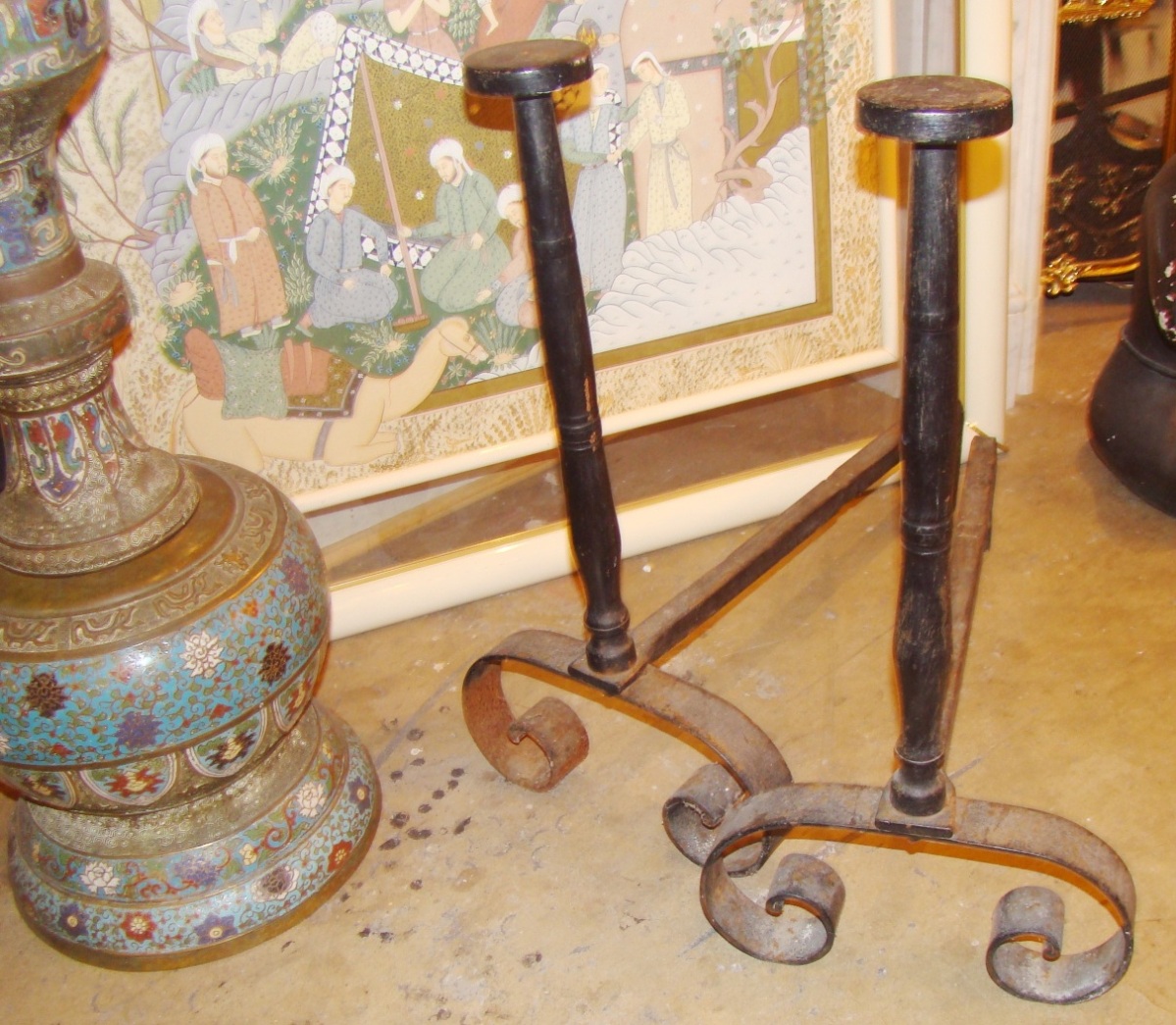 Elegant Pair of Art Deco Wrought Iron Andirons ca 1920s | Modernism