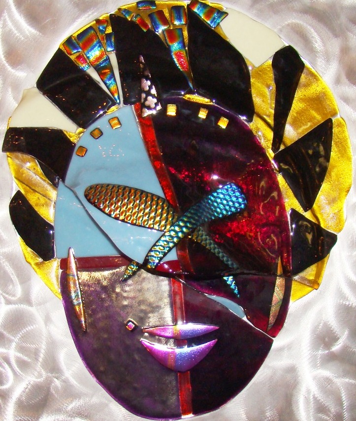 1980's Contemporary Fused Glass Mask on Aluminum Plaque | Modernism