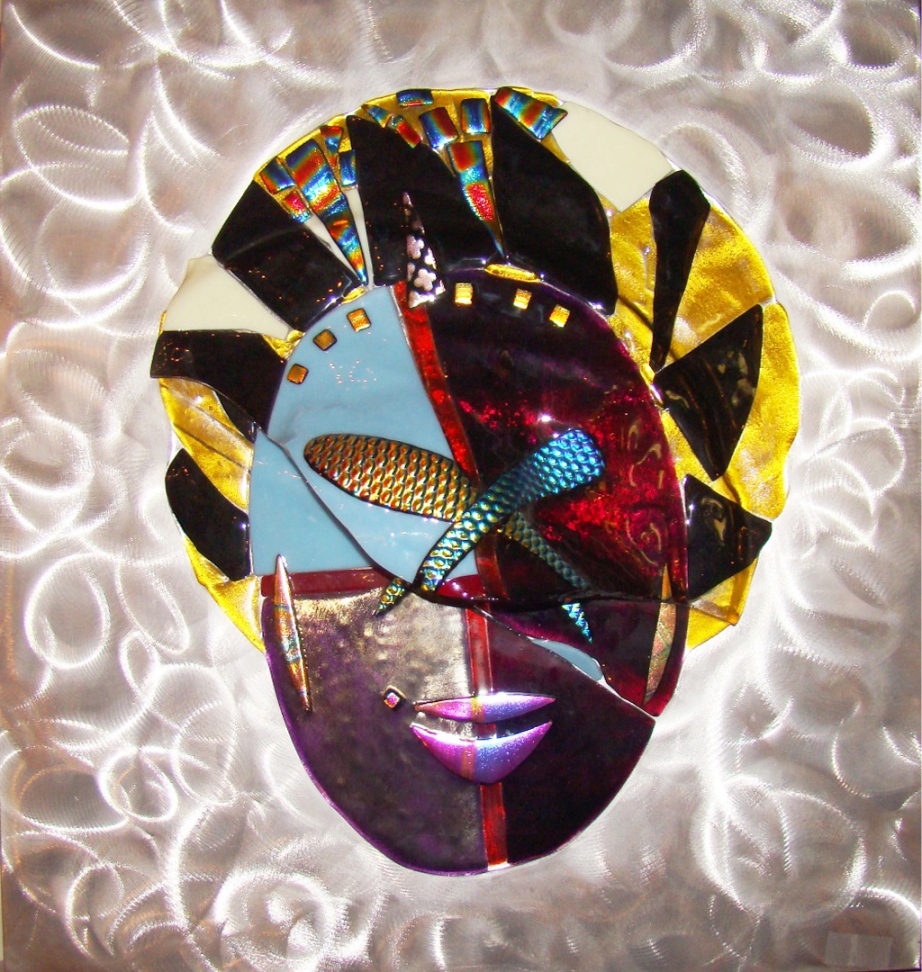 1980's Contemporary Fused Glass Mask on Aluminum Plaque | Modernism