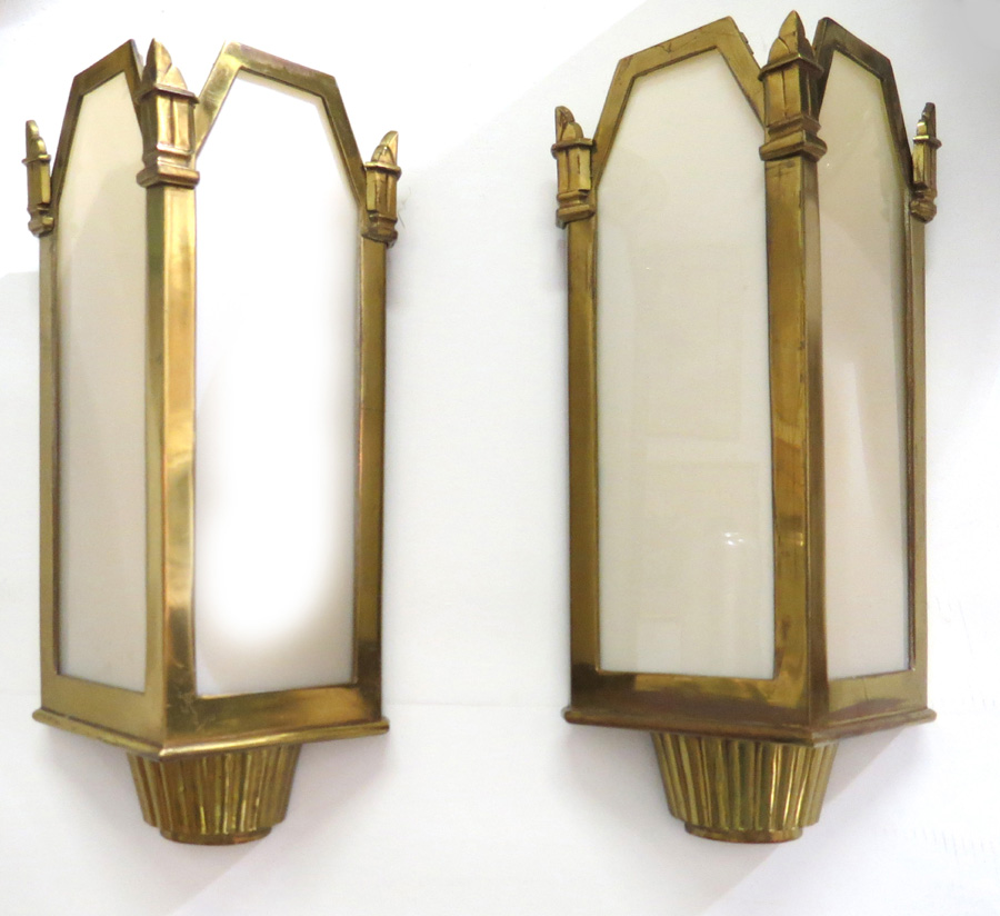 Pair American Art Deco Bronze Satin Glass Theater Sconces | Modernism