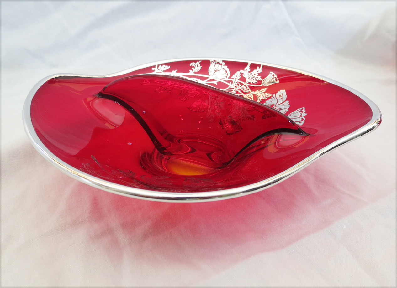 Mid Century Sterling Silver Overlay Red Ruby Glass | Modernism