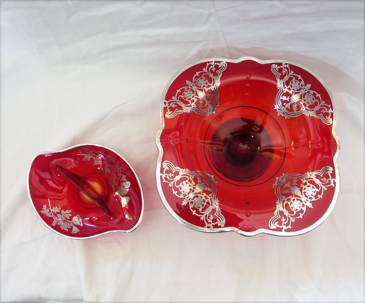 Mid Century Sterling Silver Overlay Red Ruby Glass | Modernism