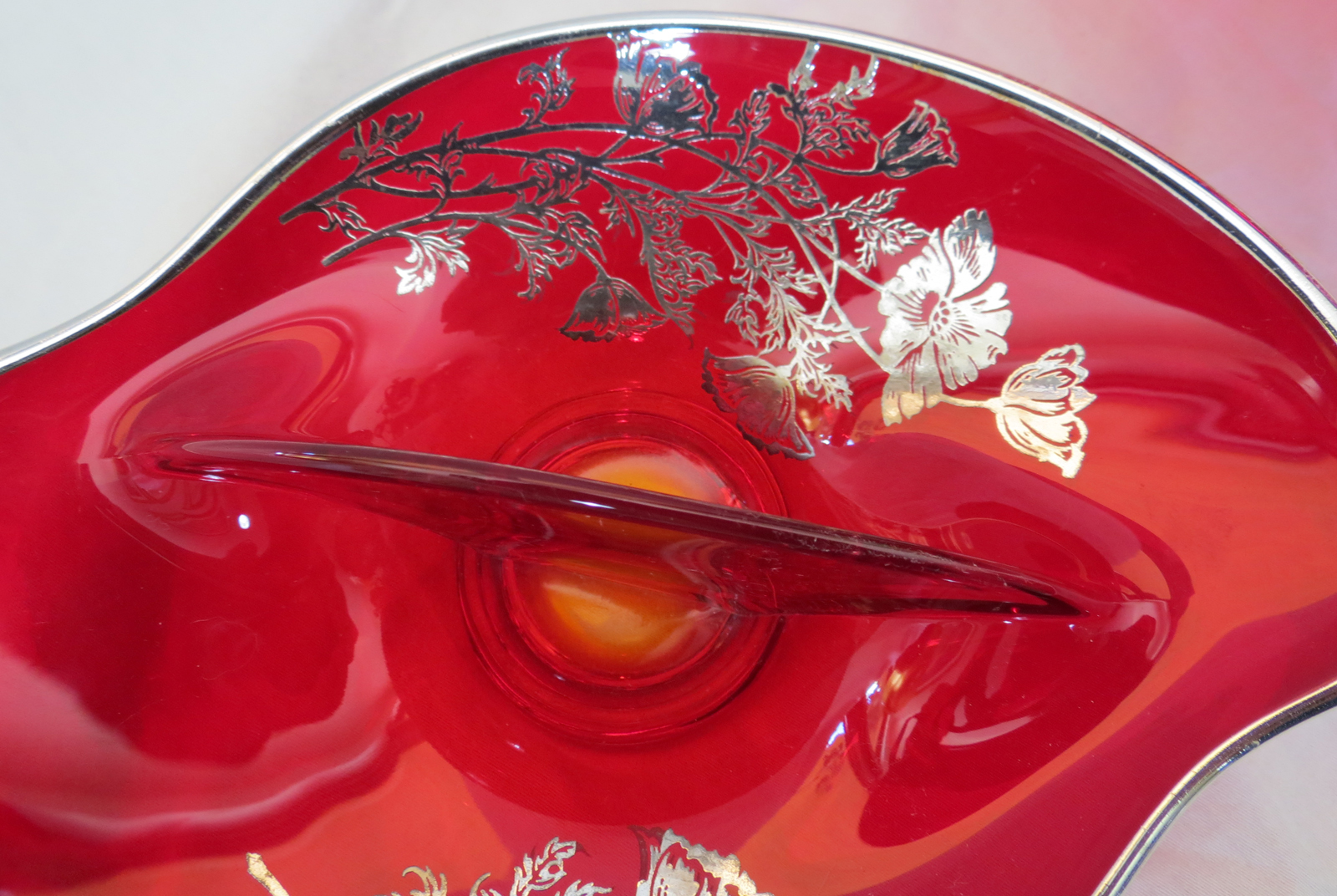 Mid Century Sterling Silver Overlay Red Ruby Glass | Modernism