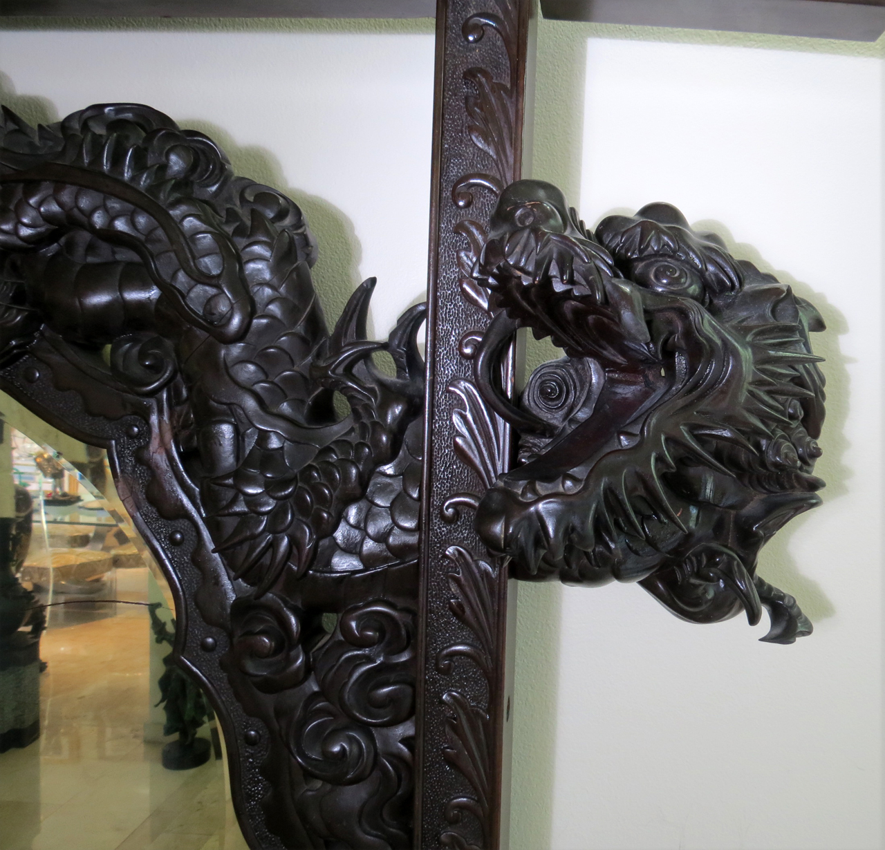 Antique Japanese Carved Bench Dragon with Mirror 96" High | Modernism