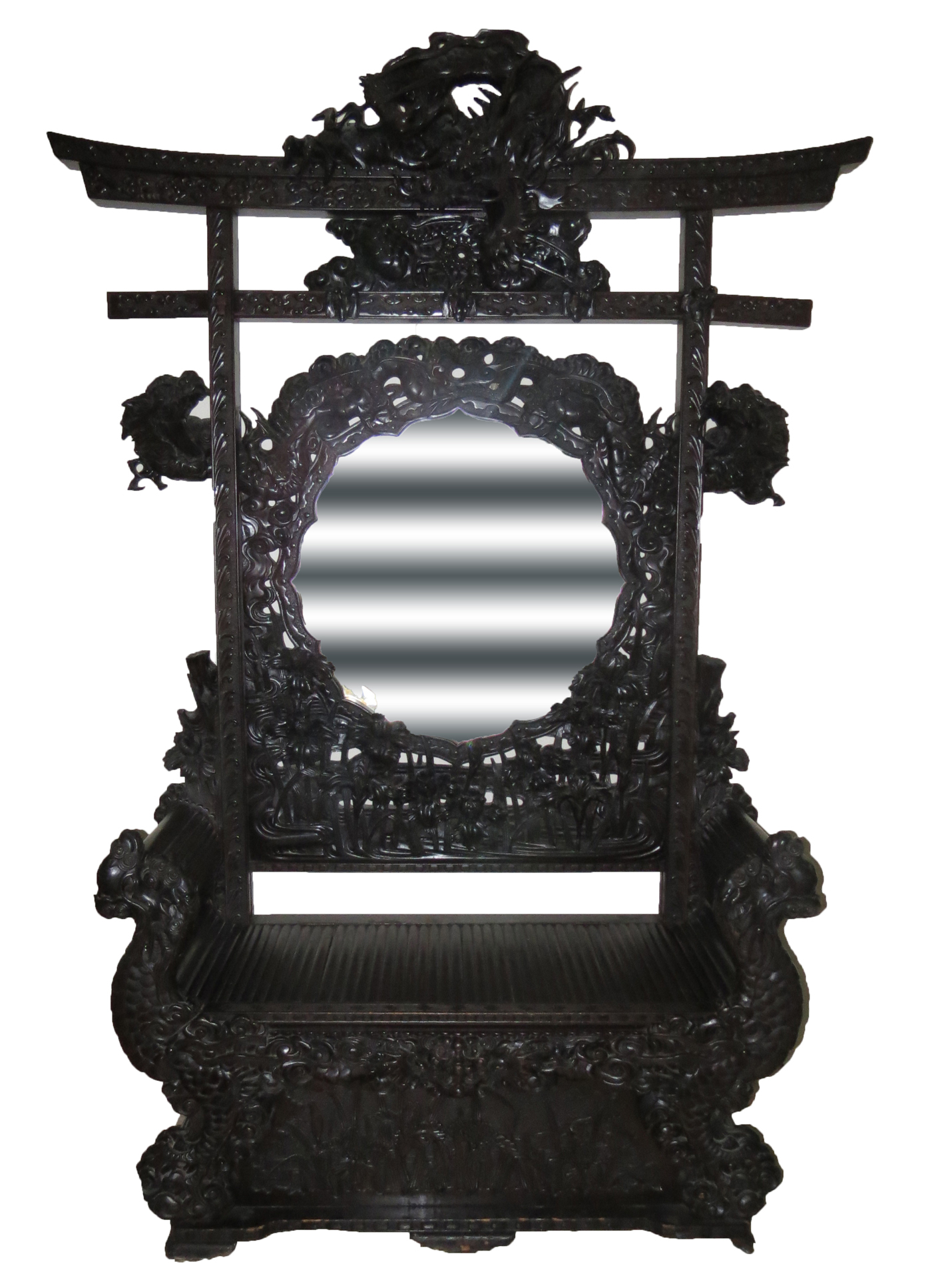 Antique Japanese Carved Bench Dragon with Mirror 96" High | Modernism