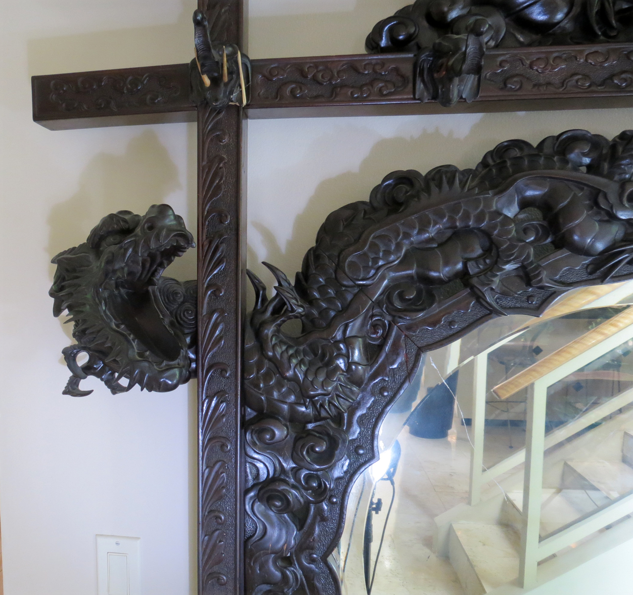 Antique Japanese Carved Bench Dragon with Mirror 96" High | Modernism