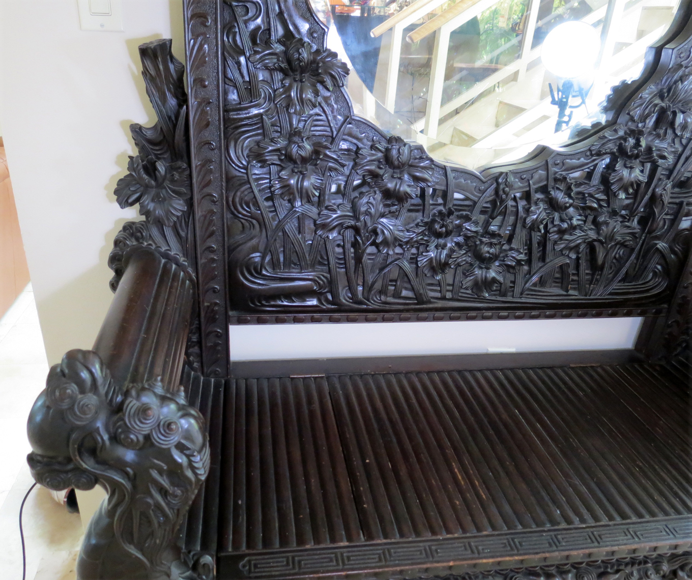 Antique Japanese Carved Bench Dragon with Mirror 96" High | Modernism