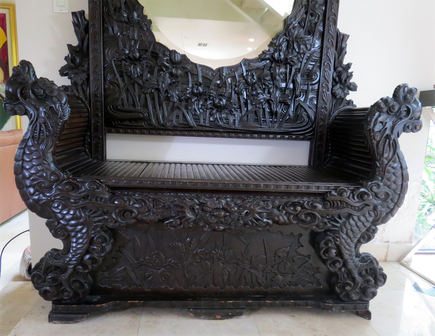 Antique Japanese Carved Bench Dragon with Mirror 96" High | Modernism