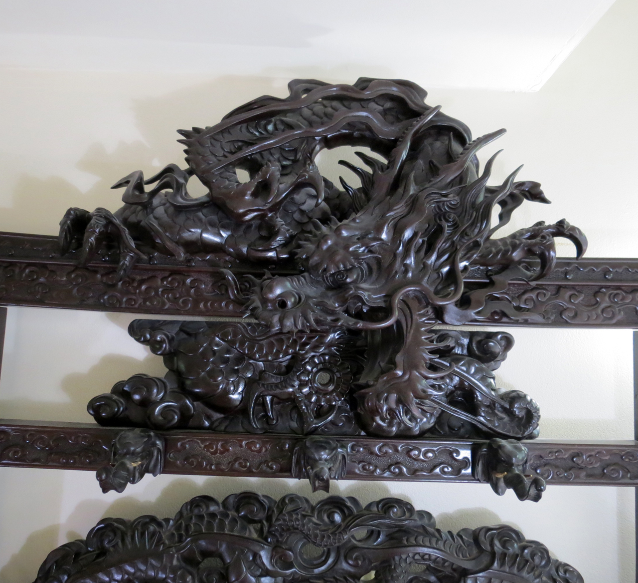 Antique Japanese Carved Bench Dragon with Mirror 96" High | Modernism