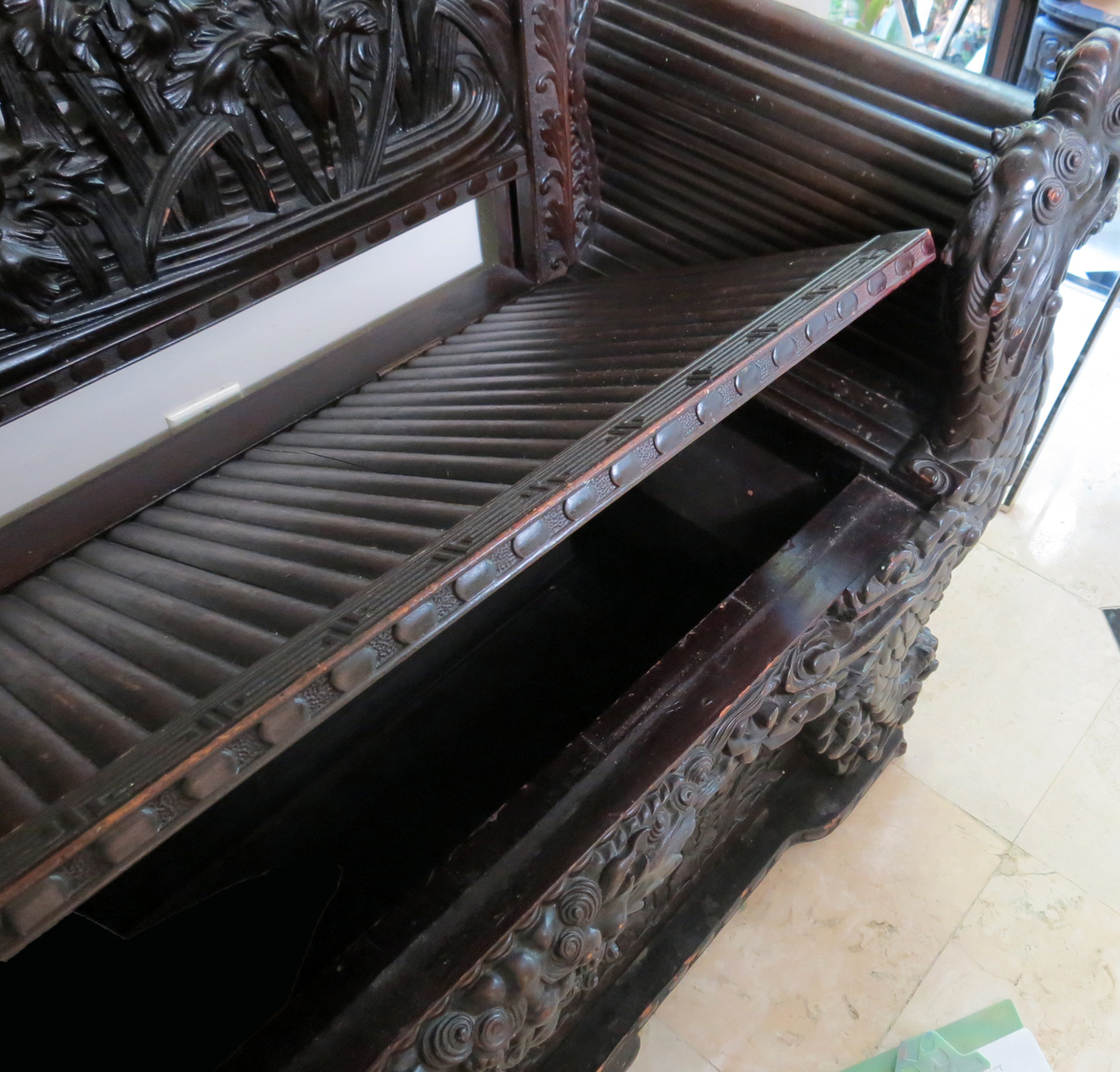 Antique Japanese Carved Bench Dragon with Mirror 96" High | Modernism