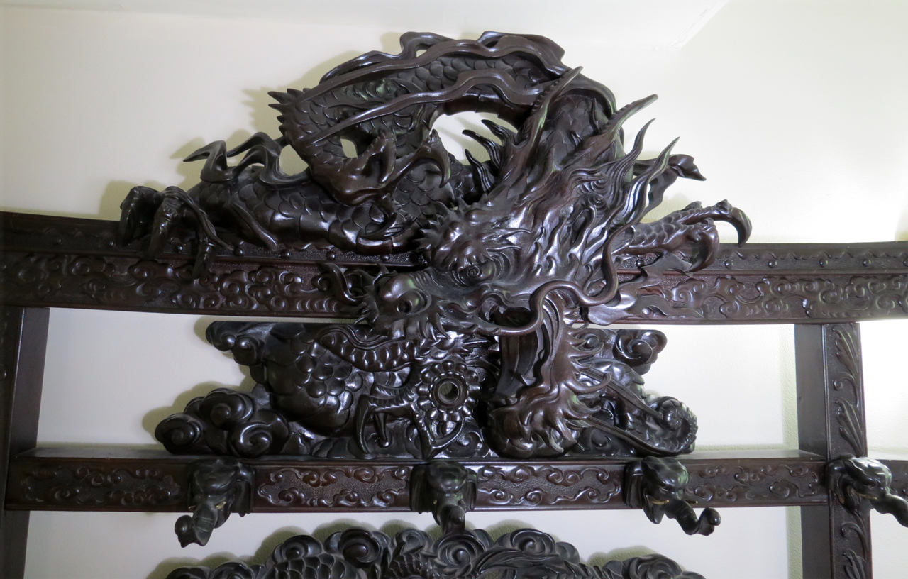Antique Japanese Carved Bench Dragon with Mirror 96" High | Modernism