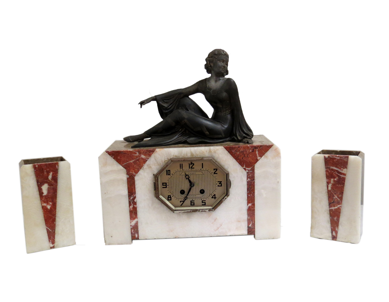 French Art Deco Marble Bronze Le Roy Mantel Clock Garniture | Modernism