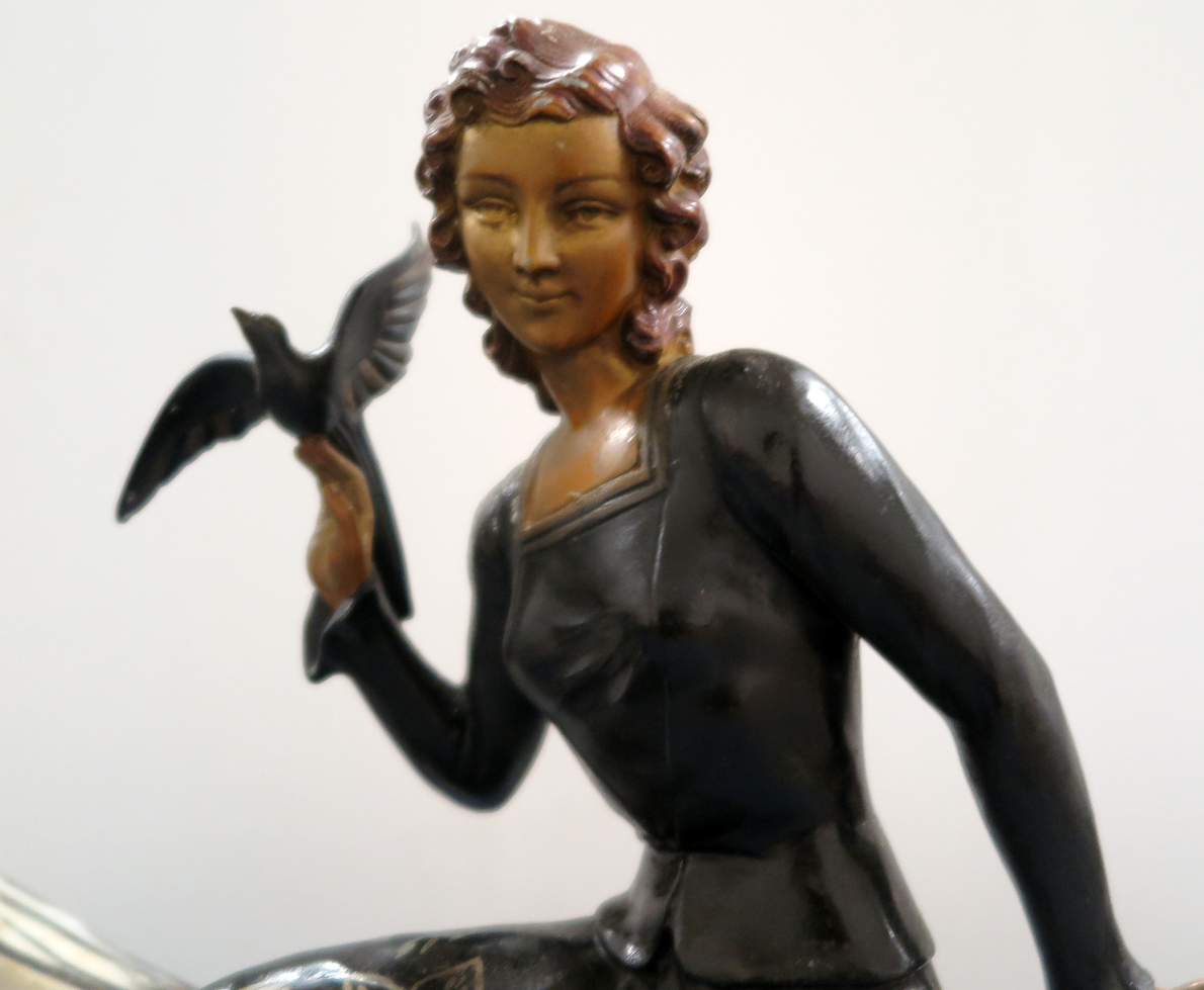 Art Deco Beautiful Lady with Bird Sculpture on Marble | Modernism