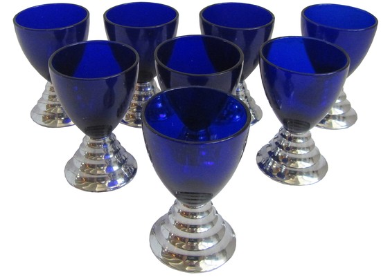 Eight American Art Deco Blue Moon Cordial Cups | Modernism
