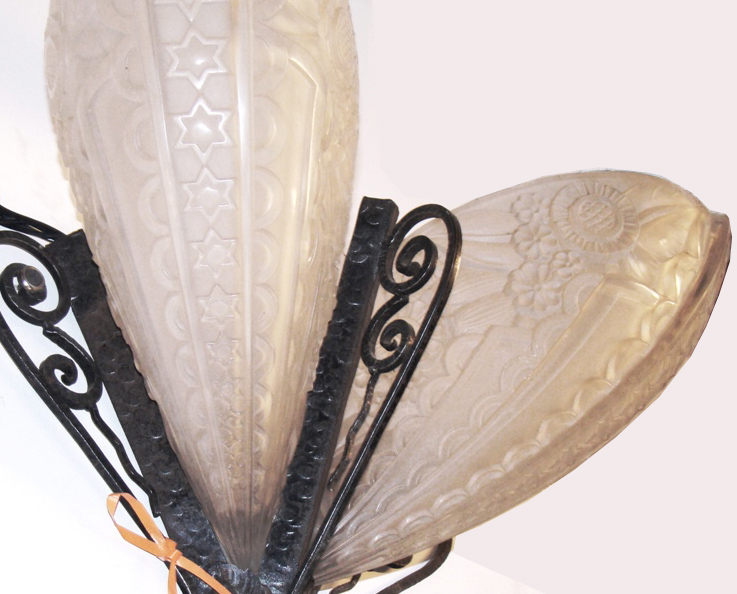 French Art Deco Wrought Iron and Double Cast Glass Sconce | Modernism
