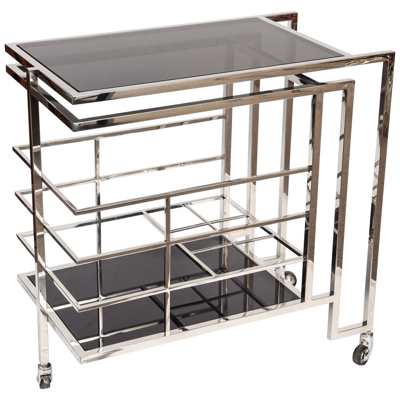 French Art Deco Geometric Bar Cart In Nickel And Glass | Modernism
