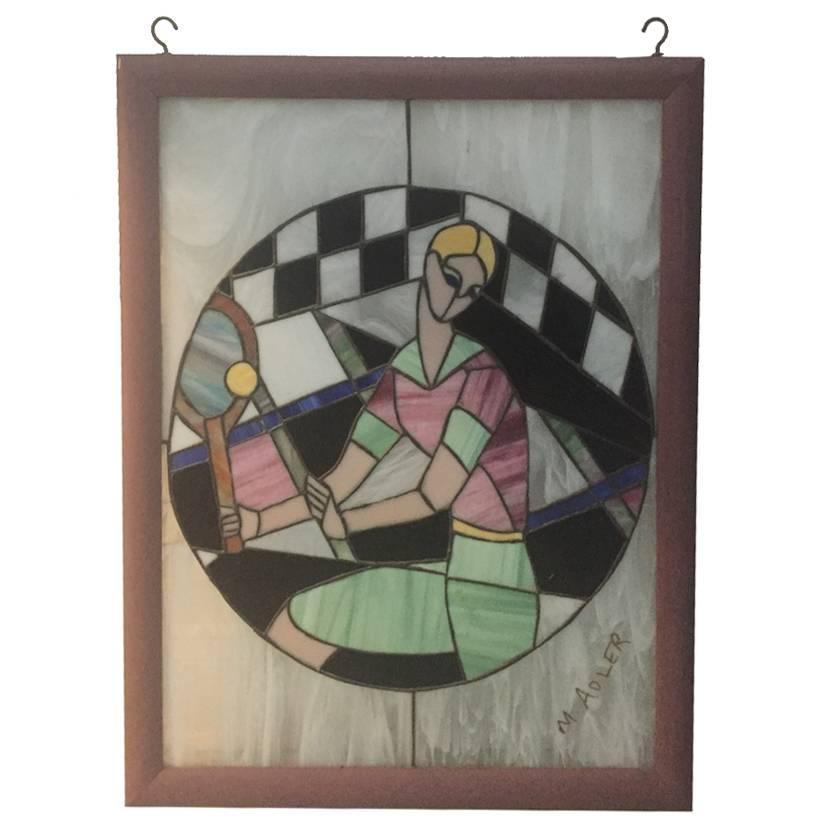 Signed Art Deco Stained Glass Of Women Playing Tennis | Modernism