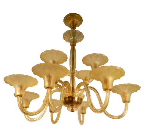 Twelve Lights Art Deco Chandelier In Yellow Glass | Modernism